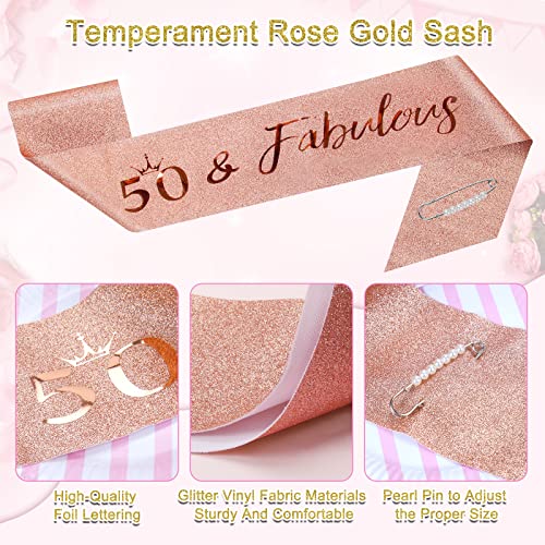 Gaciban 50th Birthday Decorations Women，50th Birthday Crown and Sash, Cake Topper, Birthday Candles, Napkins Sett, 50th Birthday Gifts for Women (Rose Gold)