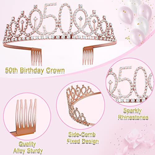 Gaciban 50th Birthday Decorations Women，50th Birthday Crown and Sash, Cake Topper, Birthday Candles, Napkins Sett, 50th Birthday Gifts for Women (Rose Gold)