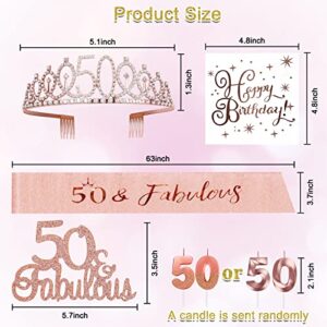 Gaciban 50th Birthday Decorations Women，50th Birthday Crown and Sash, Cake Topper, Birthday Candles, Napkins Sett, 50th Birthday Gifts for Women (Rose Gold)