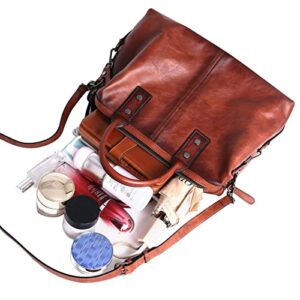 Iswee Genuine Leather Women Handbag Soft Satchel Totes Top Handle Shoulder Bag Cross Body Purses Work Bags Fashion (Brown)