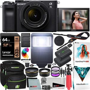 sony a7c mirrorless full frame camera alpha 7c body with 28-60mm f4-5.6 lens kit black ilce7cl/b bundle with deco gear case + extra battery + flash + filters + macro & telephoto lenses + accessories