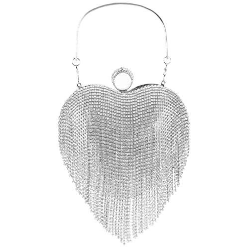 Van Caro Women Rhinestone Heart Shape Tassel Evening Clutch Bag Luxury Wedding Party Purse,Silver