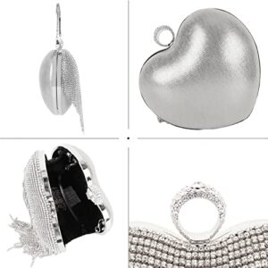 Van Caro Women Rhinestone Heart Shape Tassel Evening Clutch Bag Luxury Wedding Party Purse,Silver