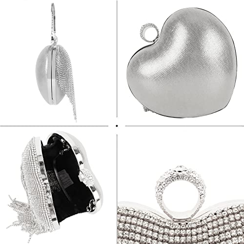 Van Caro Women Rhinestone Heart Shape Tassel Evening Clutch Bag Luxury Wedding Party Purse,Silver