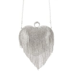 Van Caro Women Rhinestone Heart Shape Tassel Evening Clutch Bag Luxury Wedding Party Purse,Silver