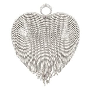 Van Caro Women Rhinestone Heart Shape Tassel Evening Clutch Bag Luxury Wedding Party Purse,Silver