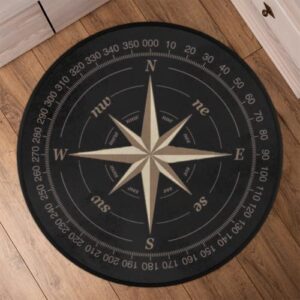 Compass Rose Round Area Rug, Artwork Black Non-Slip Circle Rug for Bedroom Living Room Outdoor Study Playing Floor Mat Carpet, 5.2' Diameter