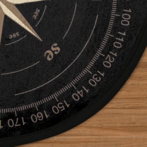 Compass Rose Round Area Rug, Artwork Black Non-Slip Circle Rug for Bedroom Living Room Outdoor Study Playing Floor Mat Carpet, 5.2' Diameter