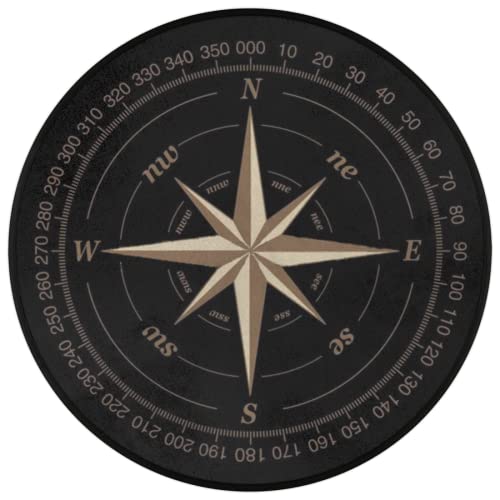 Compass Rose Round Area Rug, Artwork Black Non-Slip Circle Rug for Bedroom Living Room Outdoor Study Playing Floor Mat Carpet, 5.2' Diameter