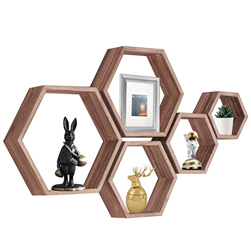 Hexagon Floating Shelves,Wall Mounted Wood Farmhouse Storage Honeycomb Wall Shelf Set of 5,for Bathroom, Kitchen, Bedroom, Living Room,Office,Home Room Wall Decor Driftwood Finish (Carbonized Black)