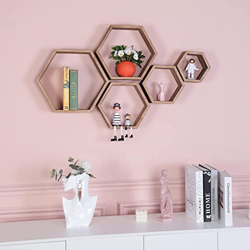 Hexagon Floating Shelves,Wall Mounted Wood Farmhouse Storage Honeycomb Wall Shelf Set of 5,for Bathroom, Kitchen, Bedroom, Living Room,Office,Home Room Wall Decor Driftwood Finish (Carbonized Black)