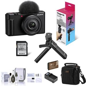 sony zv-1f vlogging camera, black bundle with accvc1 vlogger accessory kit, shoulder bag, extra battery, charger, screen protector, cleaning kit