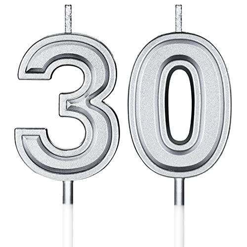 30th Birthday Candles Cake Numeral Candles Happy Birthday Cake Candles Topper Decoration for Birthday Anniversary Wedding Supplies Celebration (Silver)