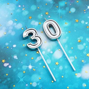 30th Birthday Candles Cake Numeral Candles Happy Birthday Cake Candles Topper Decoration for Birthday Anniversary Wedding Supplies Celebration (Silver)