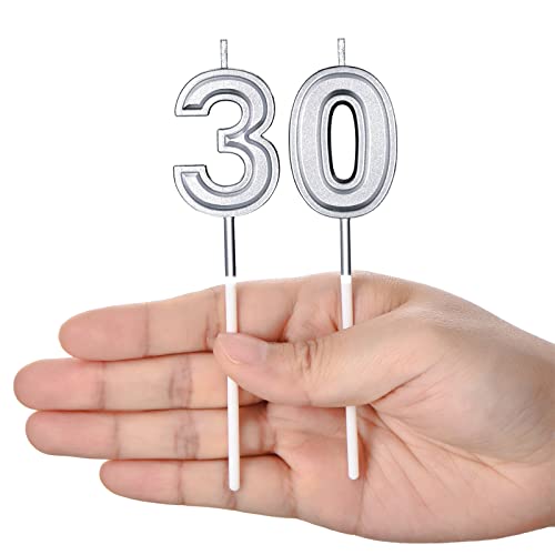 30th Birthday Candles Cake Numeral Candles Happy Birthday Cake Candles Topper Decoration for Birthday Anniversary Wedding Supplies Celebration (Silver)