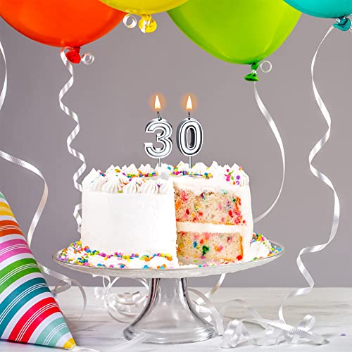 30th Birthday Candles Cake Numeral Candles Happy Birthday Cake Candles Topper Decoration for Birthday Anniversary Wedding Supplies Celebration (Silver)