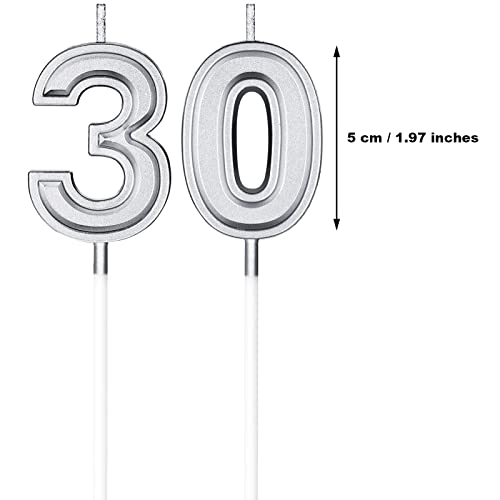 30th Birthday Candles Cake Numeral Candles Happy Birthday Cake Candles Topper Decoration for Birthday Anniversary Wedding Supplies Celebration (Silver)