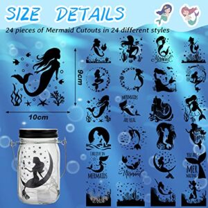 24 Pieces Fairy Silhouettes Mason Jar Cutouts Fairy Laser Cutouts Decals Plastic Mermaid 3.94 x 3.54 Inches Lantern Jar Dinosaur Cut Out Scrapbook Supplies for Wall Windows DIY Crafts (Mermaid)