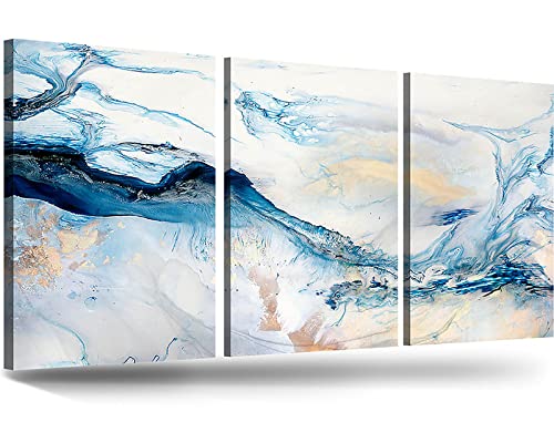 Lucifart Abstract Wall Art Bedroom Wall Decor Living Room Coastal Beach Theme Ocean Navy Blue Art Paintings, Blue Decor for Bathroom Lake house, Inspirational Wall Art 3 Piece Set