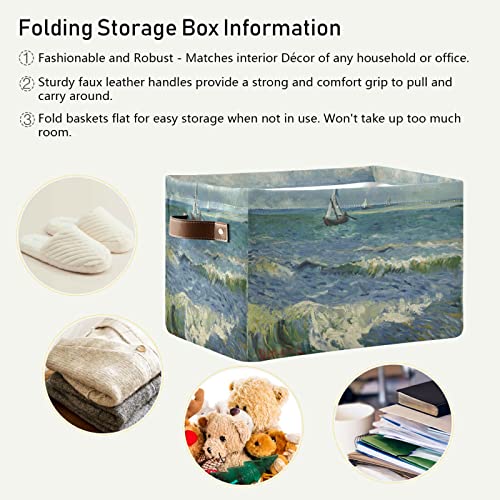 xigua 1PCS Storage Basket Van Gogh Sailboat Collapsible Organizer with Handle, Large Storage Bins for Bedroom, Living Room, Closet, Shelves