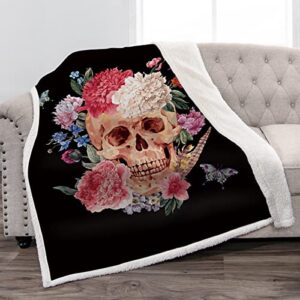 jekeno skulls gifts for women men – flower floral skull sherpa blanket gift for adult kids skull lovers halloween birthday christmas, soft black throw decor bedroom living room sofa bed couch 50″x60″