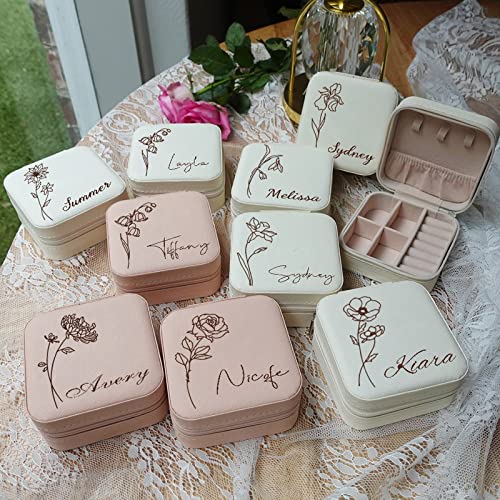 Yofair Personalized Jewelry Box with Birth Flower Custom Leather Travel Jewelry Case Wedding Gifts Bridesmaid Gifts Bachelorette Party Favors for Women Girls