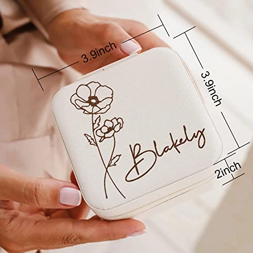 Yofair Personalized Jewelry Box with Birth Flower Custom Leather Travel Jewelry Case Wedding Gifts Bridesmaid Gifts Bachelorette Party Favors for Women Girls