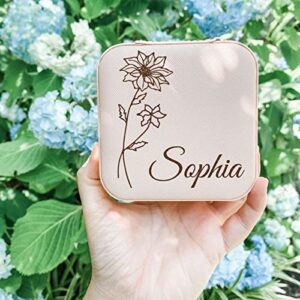 Yofair Personalized Jewelry Box with Birth Flower Custom Leather Travel Jewelry Case Wedding Gifts Bridesmaid Gifts Bachelorette Party Favors for Women Girls