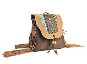 huangguoshu women leather backpack purse boho hippie embroidery bag western vintage travel fringe stitch backpack (brown01)