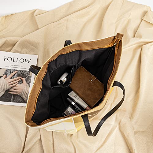 Tote Bag for Women, Soft Leather Shoulder Bag Waterproof Big Capacity Handbag with Zipper Satchel for Shopping Outgoing(Khaki)