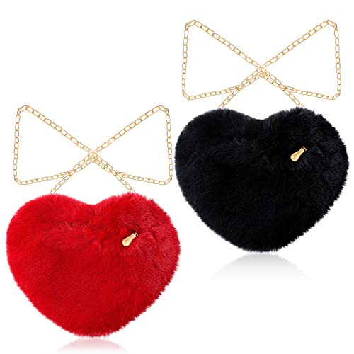 Saintrygo 2 Pcs Heart Purse for Women Girls Heart Fluffy Purses Fur Shoulder Bag Crossbody Purses with Gold Chain (Red and Black)