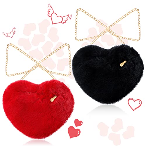 Saintrygo 2 Pcs Heart Purse for Women Girls Heart Fluffy Purses Fur Shoulder Bag Crossbody Purses with Gold Chain (Red and Black)