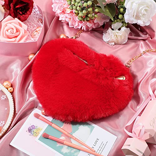 Saintrygo 2 Pcs Heart Purse for Women Girls Heart Fluffy Purses Fur Shoulder Bag Crossbody Purses with Gold Chain (Red and Black)