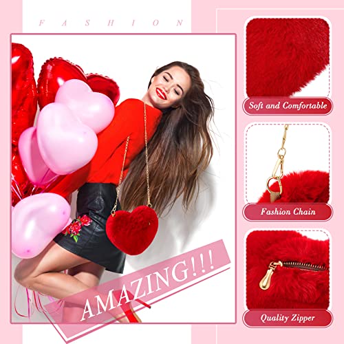 Saintrygo 2 Pcs Heart Purse for Women Girls Heart Fluffy Purses Fur Shoulder Bag Crossbody Purses with Gold Chain (Red and Black)