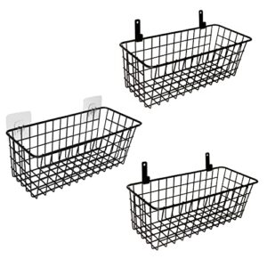 3 set hanging wire baskets,wall mount fruit basket,no drilling,adhesive small metal basket,farmhouse food storage mesh bin kitchen pantry laundry bathroom closet garage rv,black