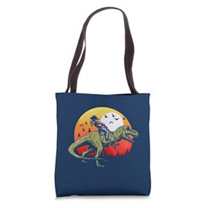 cowgirl rodeo riding t-rex dinosaur retro tyrannosaurus tote bag