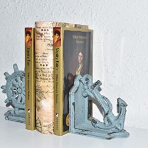 JUCONSIN Anchor Bookends, Antique Blue Nautical Ship Wheel and Anchor Decorative Bookends Set, Heavy Duty Cast Iron, Cute Bookends for Office Home Desk Bookrack Shelves