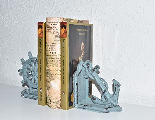 JUCONSIN Anchor Bookends, Antique Blue Nautical Ship Wheel and Anchor Decorative Bookends Set, Heavy Duty Cast Iron, Cute Bookends for Office Home Desk Bookrack Shelves