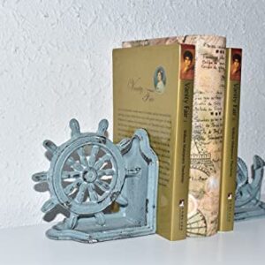 JUCONSIN Anchor Bookends, Antique Blue Nautical Ship Wheel and Anchor Decorative Bookends Set, Heavy Duty Cast Iron, Cute Bookends for Office Home Desk Bookrack Shelves