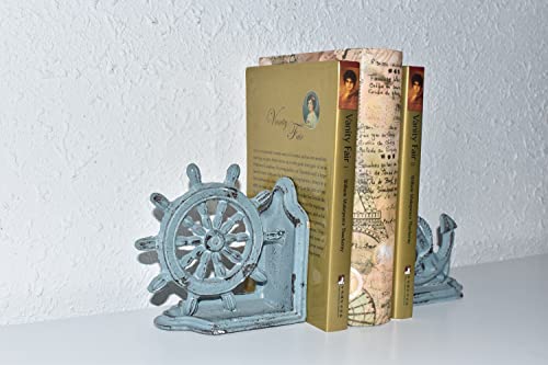 JUCONSIN Anchor Bookends, Antique Blue Nautical Ship Wheel and Anchor Decorative Bookends Set, Heavy Duty Cast Iron, Cute Bookends for Office Home Desk Bookrack Shelves