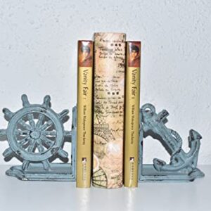 JUCONSIN Anchor Bookends, Antique Blue Nautical Ship Wheel and Anchor Decorative Bookends Set, Heavy Duty Cast Iron, Cute Bookends for Office Home Desk Bookrack Shelves