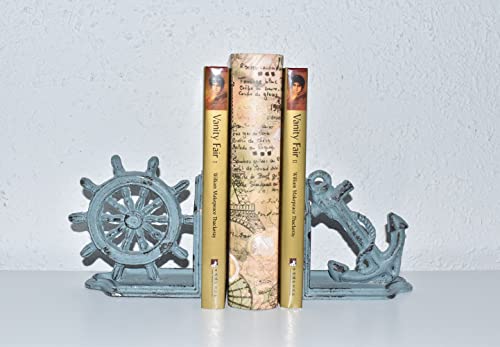 JUCONSIN Anchor Bookends, Antique Blue Nautical Ship Wheel and Anchor Decorative Bookends Set, Heavy Duty Cast Iron, Cute Bookends for Office Home Desk Bookrack Shelves