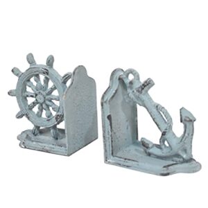 JUCONSIN Anchor Bookends, Antique Blue Nautical Ship Wheel and Anchor Decorative Bookends Set, Heavy Duty Cast Iron, Cute Bookends for Office Home Desk Bookrack Shelves