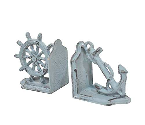 JUCONSIN Anchor Bookends, Antique Blue Nautical Ship Wheel and Anchor Decorative Bookends Set, Heavy Duty Cast Iron, Cute Bookends for Office Home Desk Bookrack Shelves