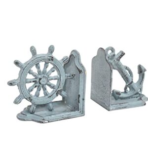 JUCONSIN Anchor Bookends, Antique Blue Nautical Ship Wheel and Anchor Decorative Bookends Set, Heavy Duty Cast Iron, Cute Bookends for Office Home Desk Bookrack Shelves