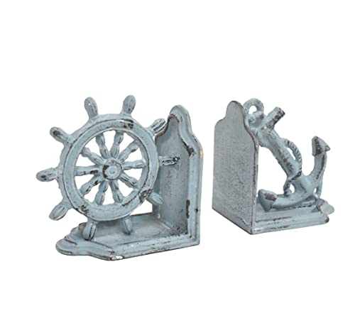 JUCONSIN Anchor Bookends, Antique Blue Nautical Ship Wheel and Anchor Decorative Bookends Set, Heavy Duty Cast Iron, Cute Bookends for Office Home Desk Bookrack Shelves