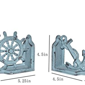 JUCONSIN Anchor Bookends, Antique Blue Nautical Ship Wheel and Anchor Decorative Bookends Set, Heavy Duty Cast Iron, Cute Bookends for Office Home Desk Bookrack Shelves