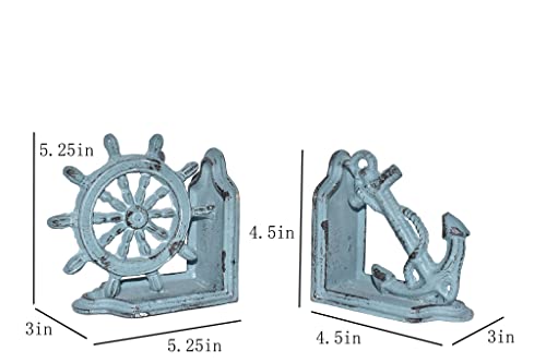 JUCONSIN Anchor Bookends, Antique Blue Nautical Ship Wheel and Anchor Decorative Bookends Set, Heavy Duty Cast Iron, Cute Bookends for Office Home Desk Bookrack Shelves