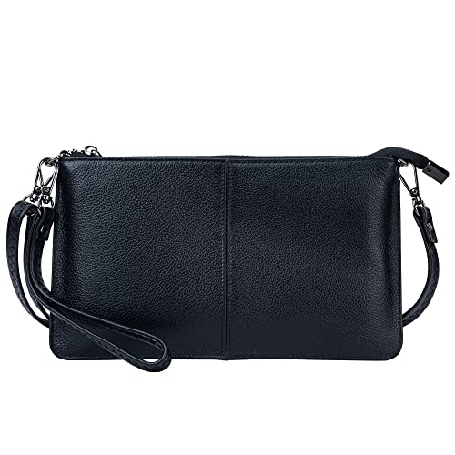 Bveyzi Genuine Leather Wristlet Purses for Women, Envelope Clutch Wallet Small Crossbody Bags for Dressy Evening (Black)