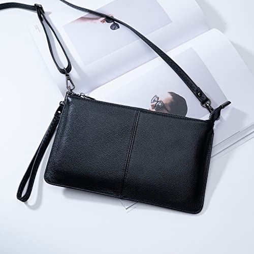 Bveyzi Genuine Leather Wristlet Purses for Women, Envelope Clutch Wallet Small Crossbody Bags for Dressy Evening (Black)